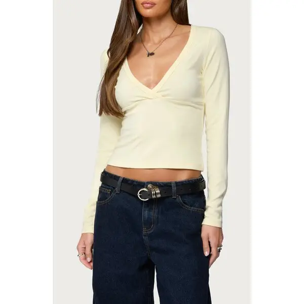 EDIKTED Doron Long Sleeve V-neck Crop Top - Yellow