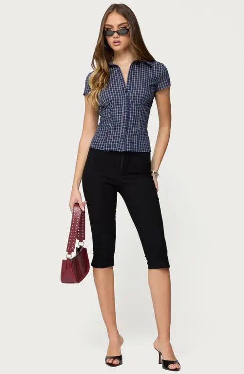EDIKTED Oriya Gingham Button-up Blouse