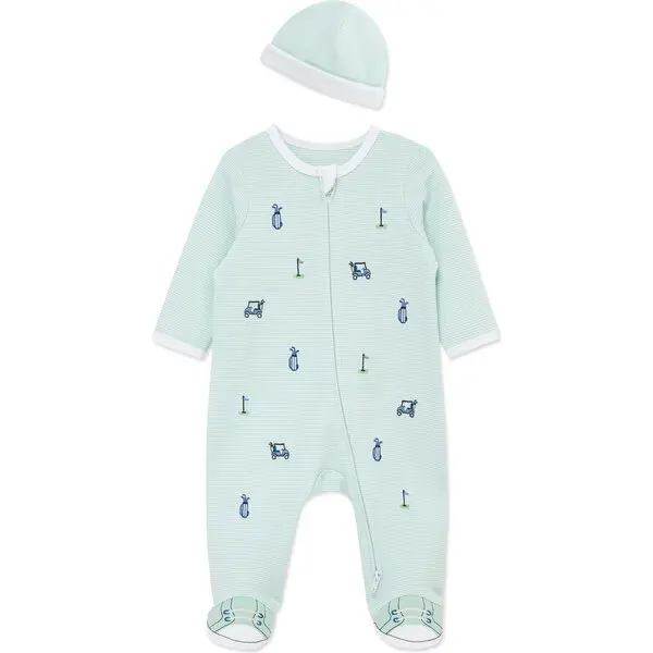 LITTLE ME Cotton Footie And Hat Set - Green