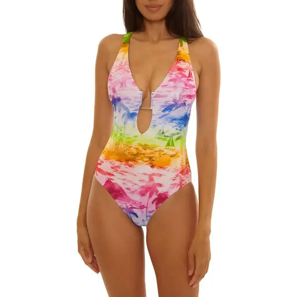 BECCA® By Rebecca Virtue Fiji Plunge Neck One-piece Swimsuit - Pink Multi