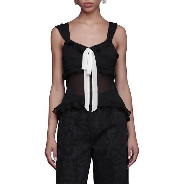 Avec Les Filles Sheer Ruffle Tank With Tie Neck