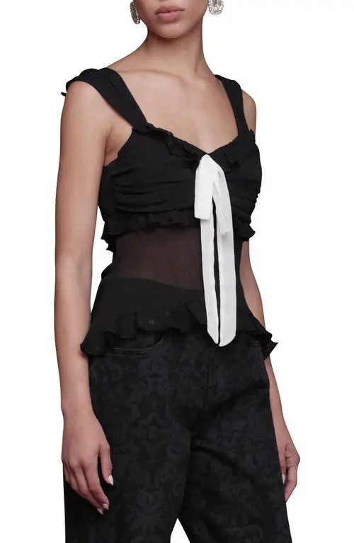 Avec Les Filles Sheer Ruffle Tank With Tie Neck