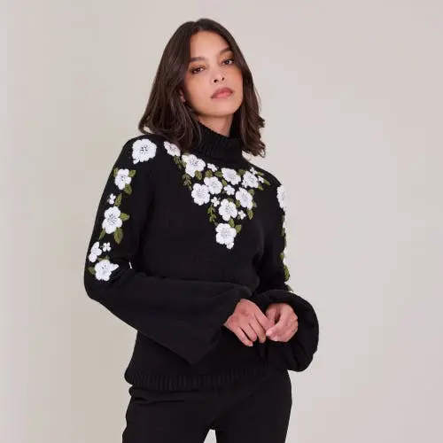 Anne Fontaine Legende Floral Applique Turtleneck Pullover