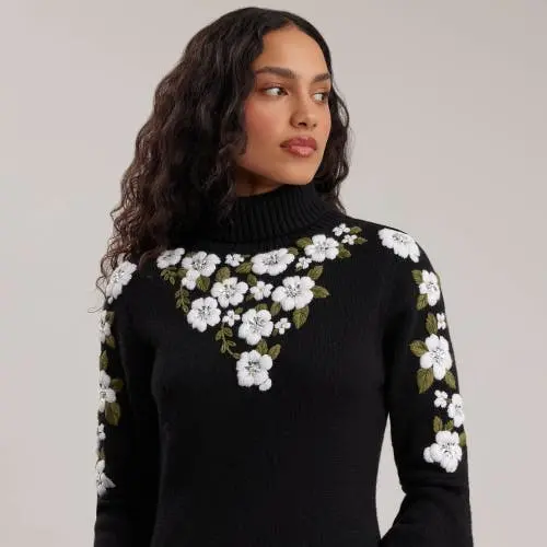 Anne Fontaine Legende Floral Applique Turtleneck Pullover
