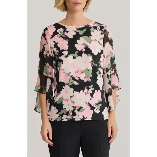 KASPER Floral Flutter Sleeve Top - Black Multi
