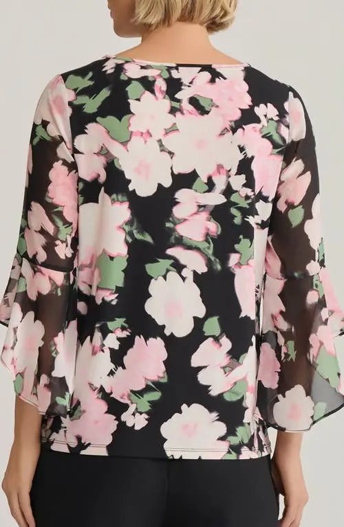 KASPER Floral Flutter Sleeve Top - Black Multi