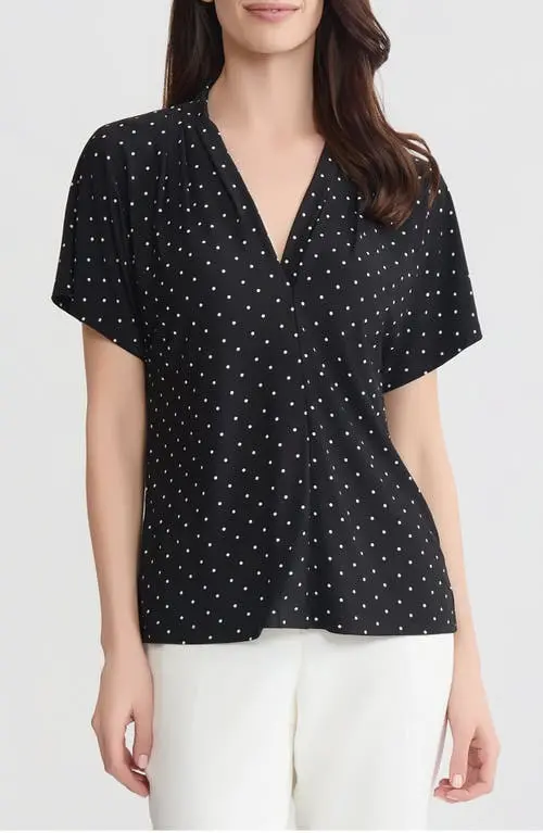 KASPER Polka Dot Pleated Shoulder Top - Black/vanilla Ice