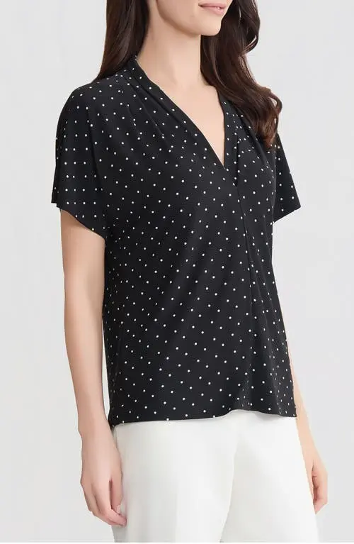 KASPER Polka Dot Pleated Shoulder Top - Black/vanilla Ice