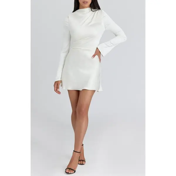 House Of Cb Pleated Long Sleeve Satin Mini Dress - Ivory