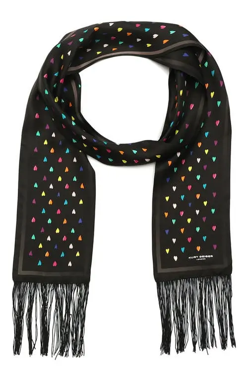 Kurt Geiger Rainbow Heart Print Party Fringe Silk Scarf - Classic Rainbow