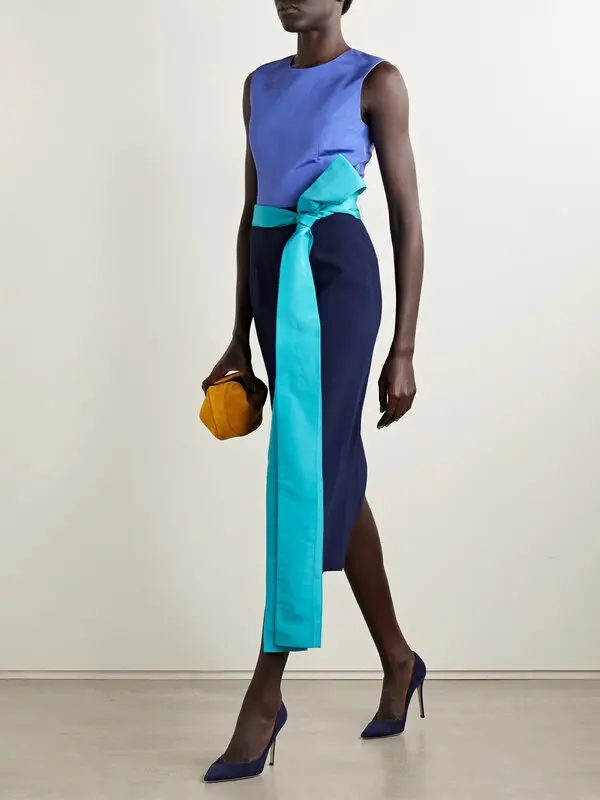 Carolina Herrera Belted Faille And Crepe Midi Dress - Blue