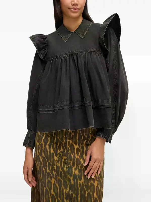GANNI Polo-collar Blouse With Ruffled Shoulders
