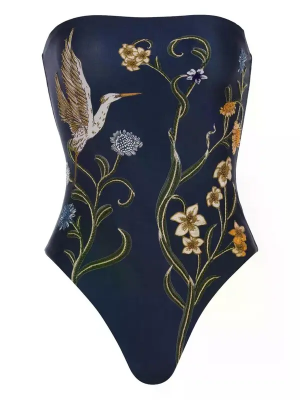 Agua Bendita Floral Bird Print One Piece Swimsuit - Blue