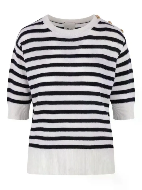 ALLUDE Striped Short-sleeve T-shirt With Button Detail