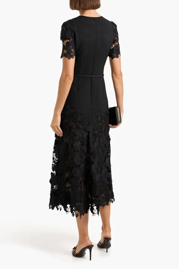 Oscar De La Renta Belted Guipure Lace-Paneled Wool-Blend Midi Dress In  Black - 65% Off | Editorialist
