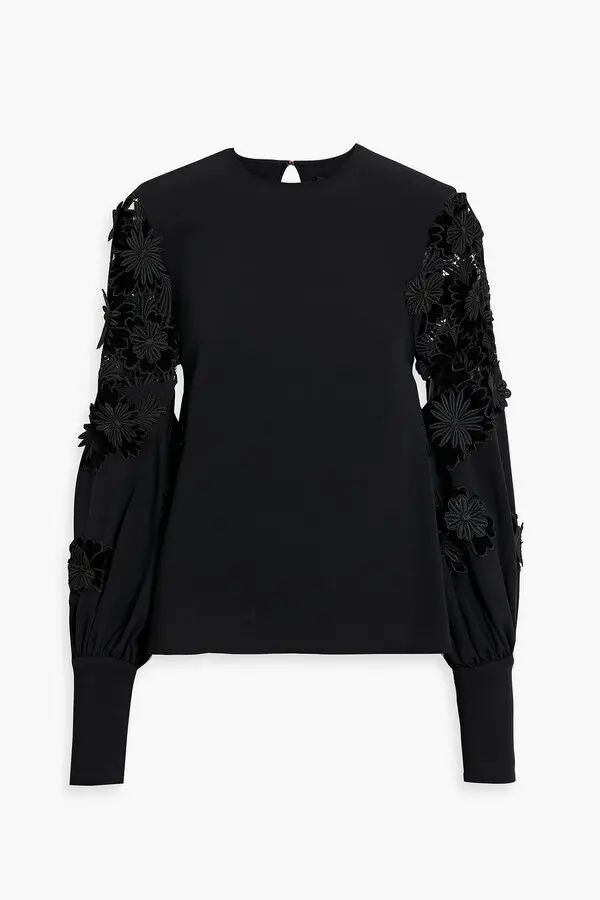 Oscar De La Renta Guipure Lace-paneled Silk-blend Crepe Top