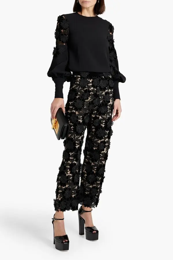 Oscar De La Renta Guipure Lace-paneled Silk-blend Crepe Top