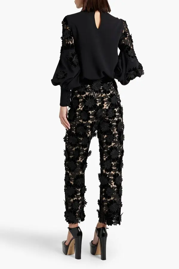 Oscar De La Renta Guipure Lace-paneled Silk-blend Crepe Top