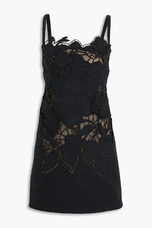 Oscar De La Renta Guipure Lace-paneled Cotton-blend Tweed Mini Dress - Black