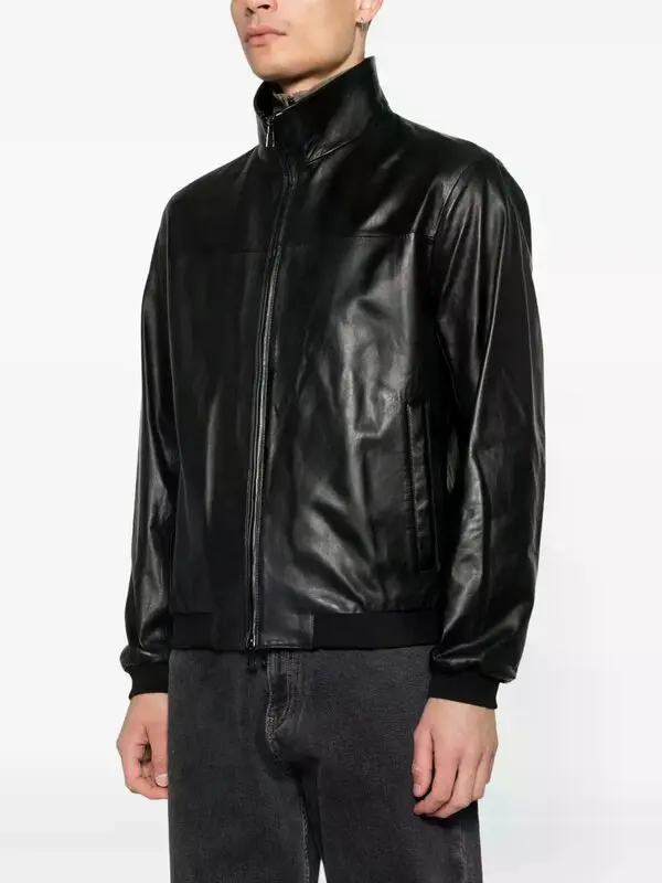 Emporio Armani Leather Bomber Jacket - Black