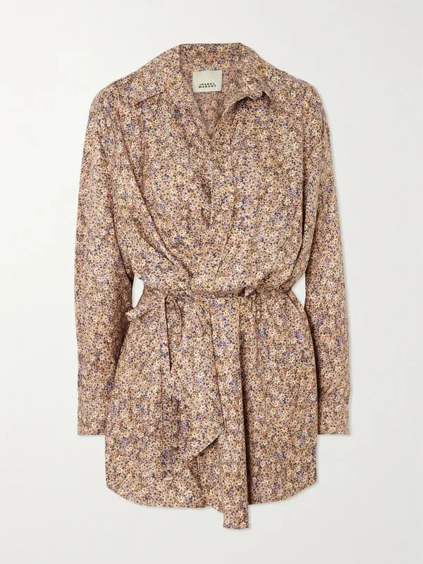 Isabel Marant Harmony Floral-print Satin-jacquard Wrap Mini Shirt Dress
