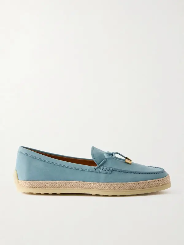 TOD'S Raffia-trimmed Suede Loafers With Bow Detailing - Blue