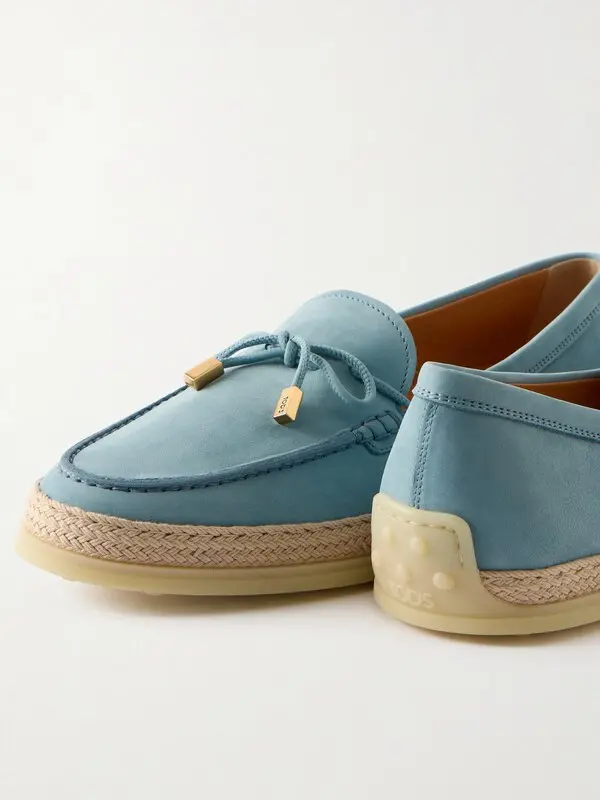TOD'S Raffia-trimmed Suede Loafers With Bow Detailing - Blue