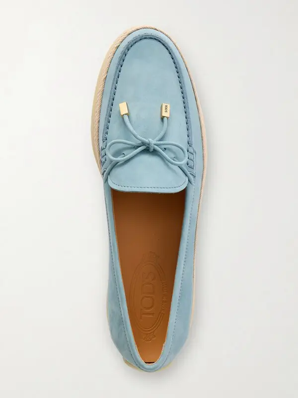 TOD'S Raffia-trimmed Suede Loafers With Bow Detailing - Blue