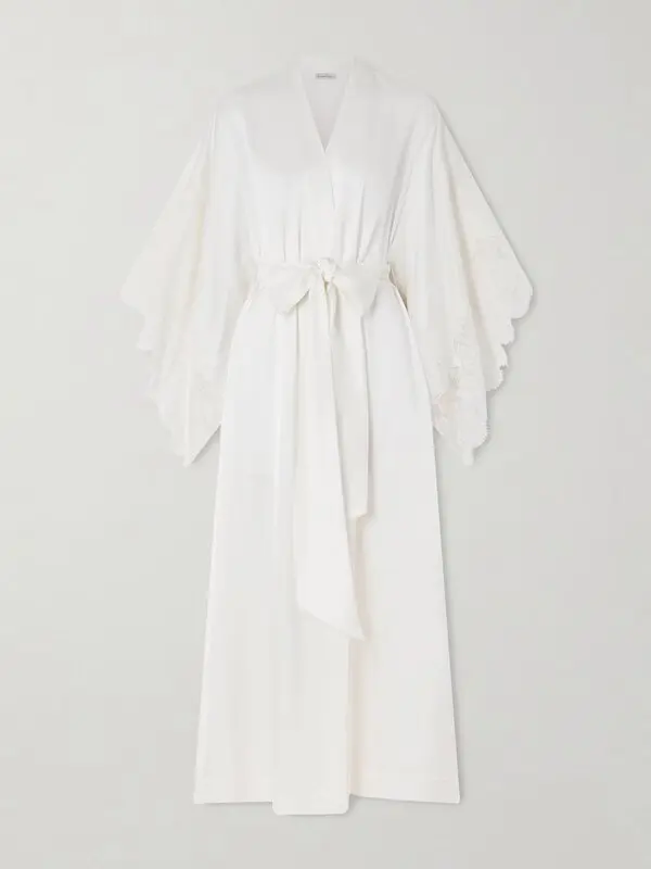 Carine Gilson Belted Lace-trimmed Silk-satin Kimono - Neutrals
