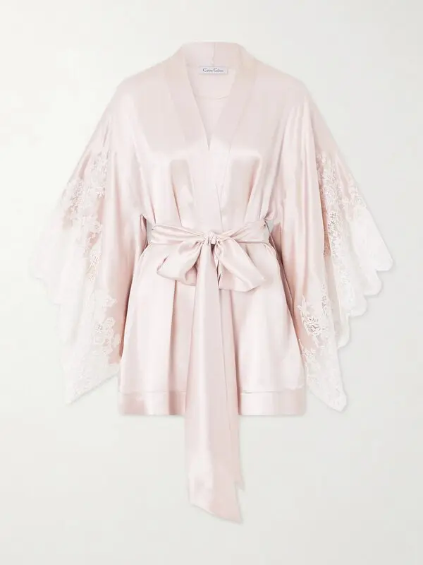 Carine Gilson Belted Lace-trimmed Silk-satin Robe - Pink