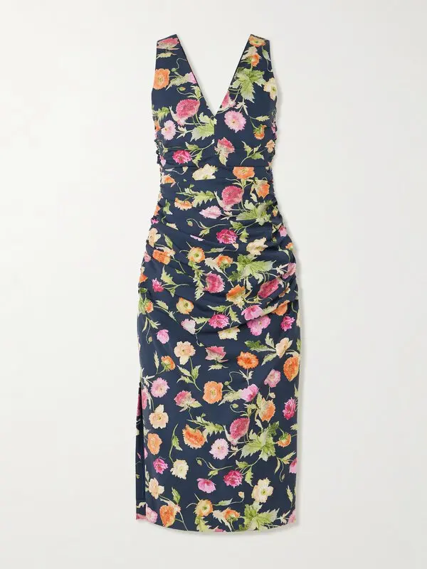 Carolina Herrera Gathered Floral-print Midi Dress