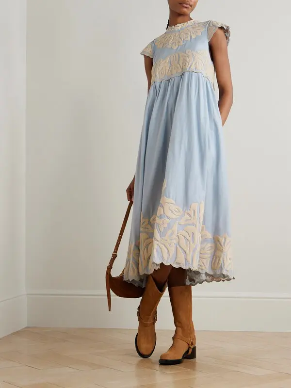 Sea Alexandra Scalloped Embroidered Cotton Midi Dress - Blue | Editorialist