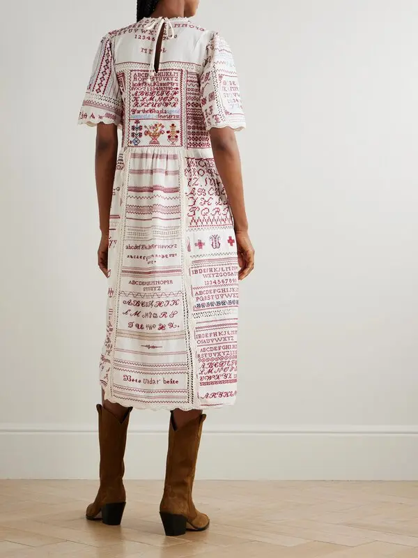 Sea Kit Scalloped Crochet-trimmed Embroidered Midi Dress - Red