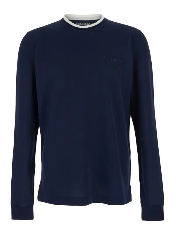 Dolce & Gabbana Crewneck Long-sleeved T-shirt With Tonal Logo Embroidery On The Front In Tech Fabric - Blue