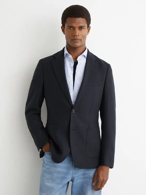 REISS Tailored-fit Flannel Single-breasted Blazer With Wool - Navy