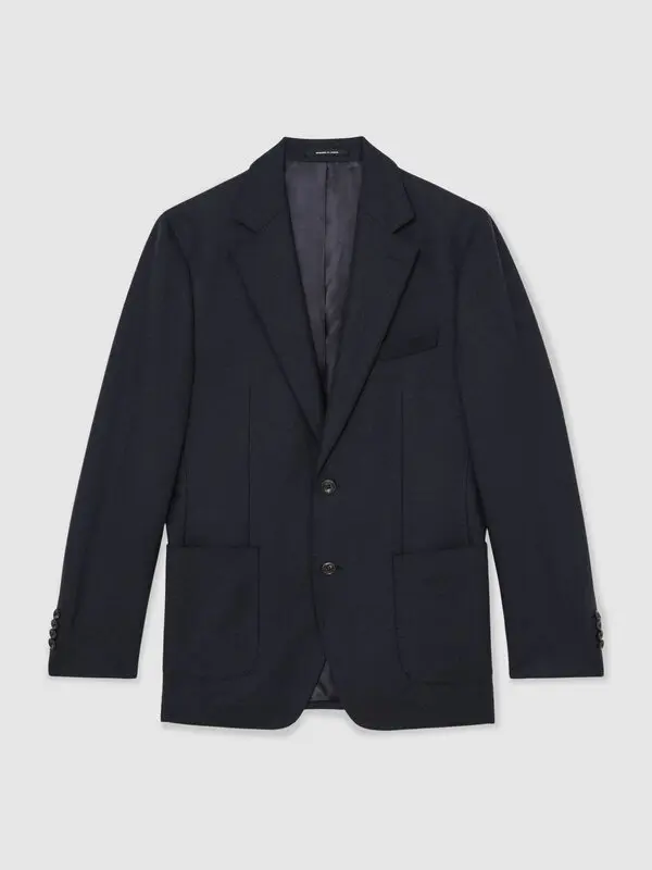 REISS Tailored-fit Flannel Single-breasted Blazer With Wool - Navy