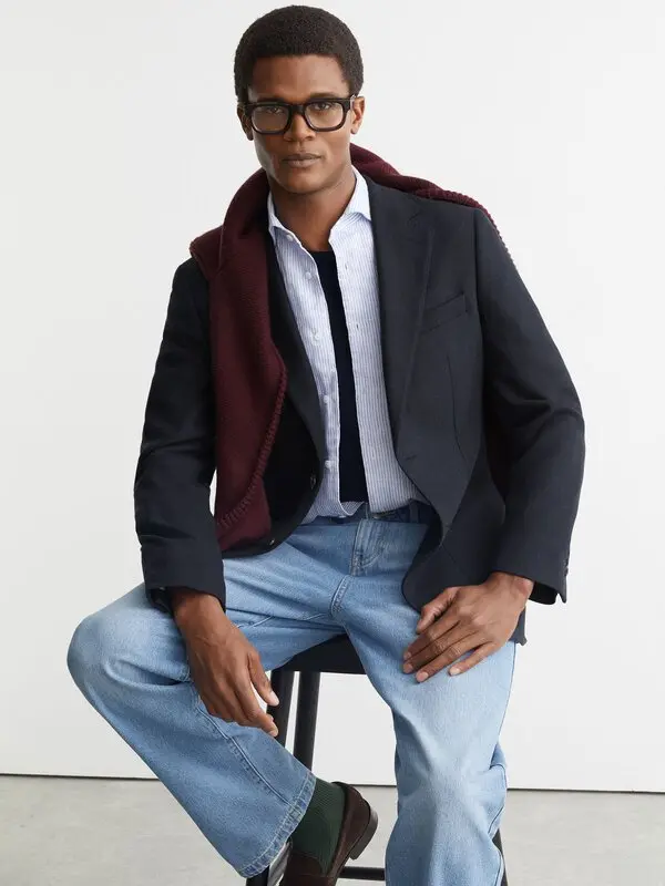 REISS Tailored Carson Flannel Single-breasted Blazer - Navy
