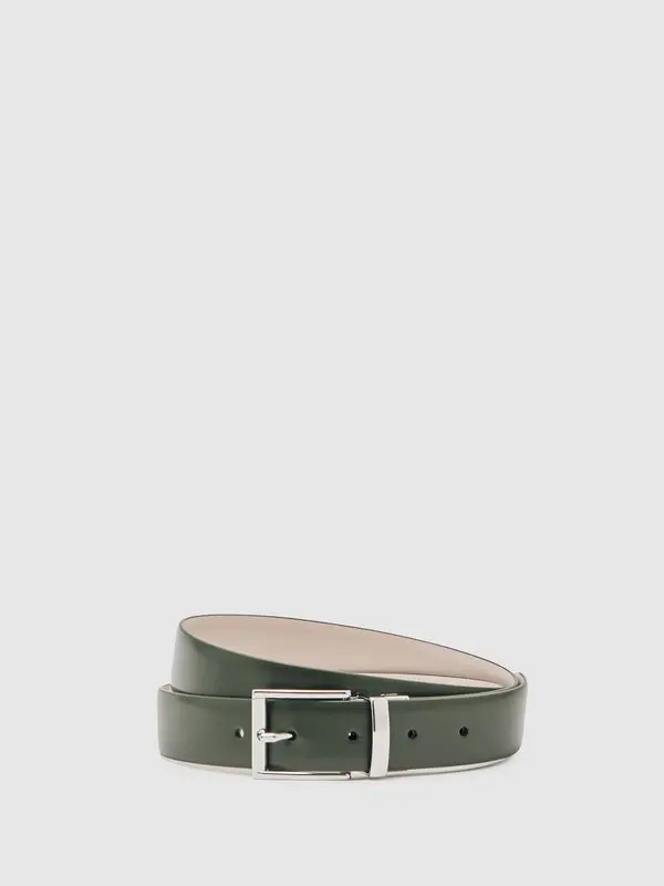 REISS Ricky Reversible Leather Belt - Forest Green/off White