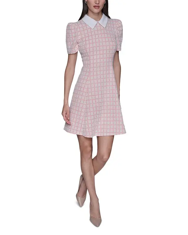 Karl Lagerfeld Paris Short Puff Sleeve Tweed Dress In Hot Coral/ Soft White  - 75% Off | Editorialist