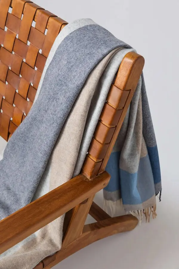 Johnstons Of Elgin Block Border Wool Throw In Cool - Blue