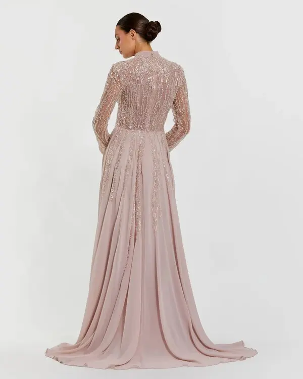 Mac Duggal - Long Sleeve High Neck Embellished Satin Gown - Dusty Rose / 14