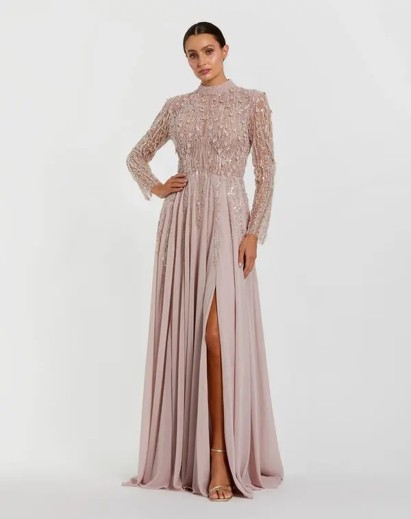 Mac Duggal Embellished Long Sleeve Gown With Slit - Pink