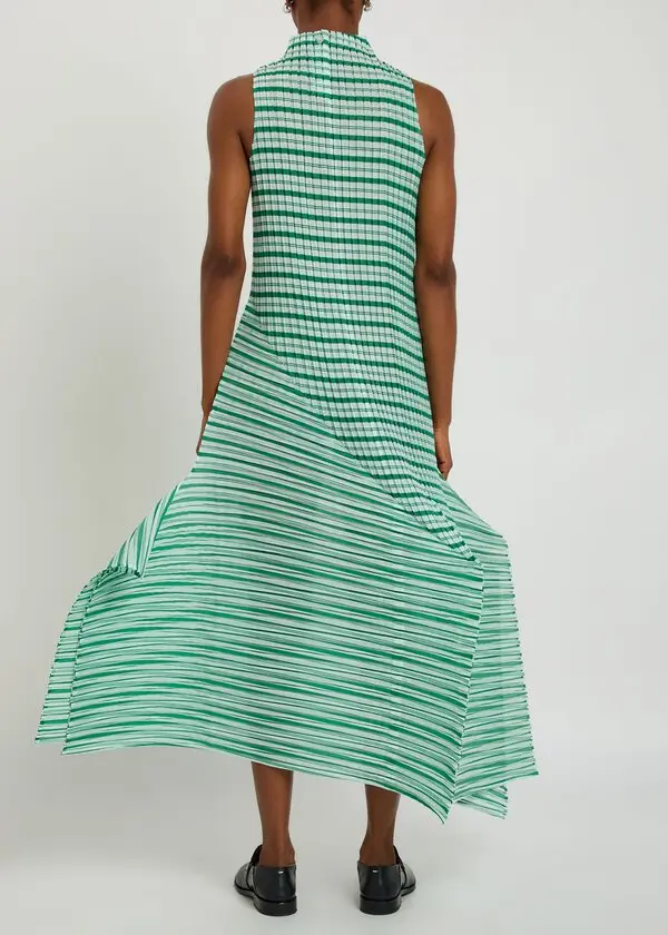 Issey Miyake Striped Pleated Woven Midi Dress