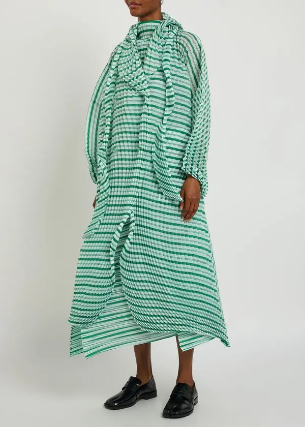 Issey Miyake Striped Pleated Woven Coat With Detachable Neck Tie