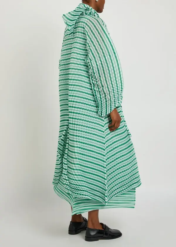 Issey Miyake Striped Pleated Woven Coat With Detachable Neck Tie