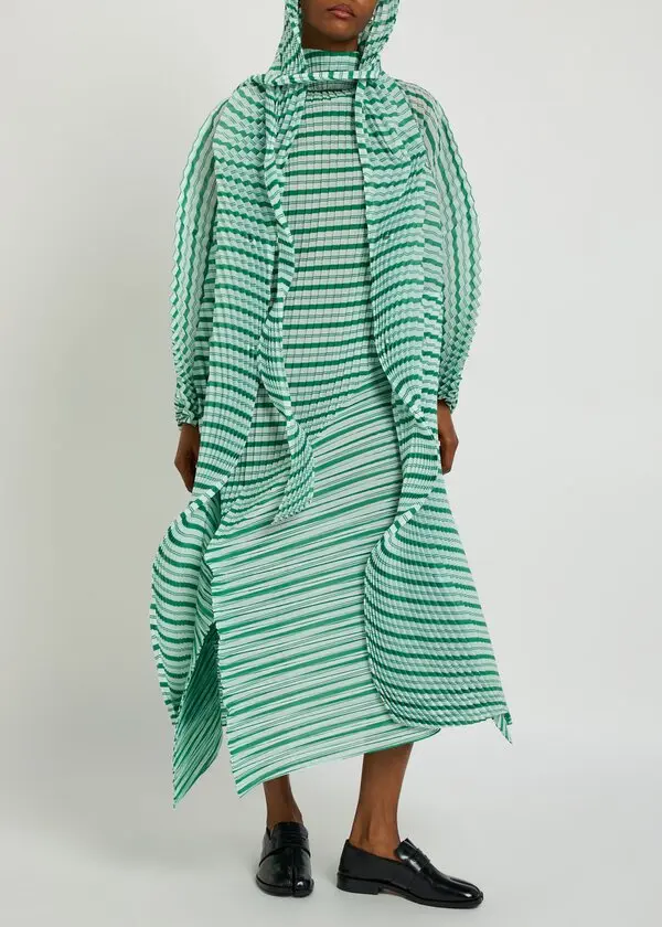 Issey Miyake Striped Pleated Woven Coat With Detachable Neck Tie