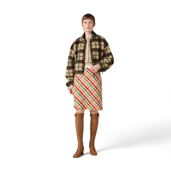 Miu Miu Checked Teddy Jacket With Zip Closure - Albino/cocoa