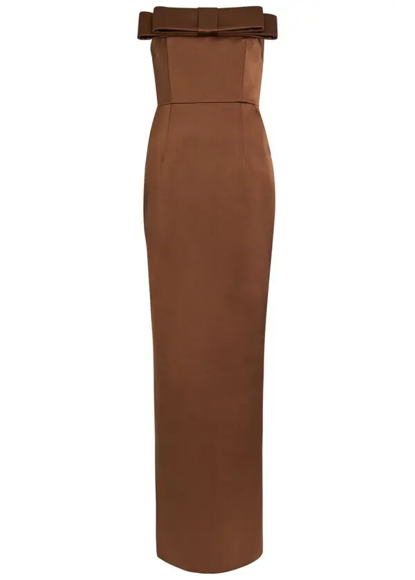THE NEW ARRIVALS ILKYAZ OZEL Strapless Satin Maxi Dress With Bow Appliqu