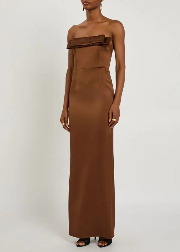 THE NEW ARRIVALS ILKYAZ OZEL Strapless Satin Maxi Dress With Bow Appliqu