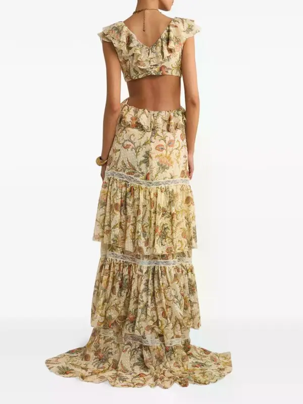 Etro Long Silk Dotted Swiss Dress With Floral Motif And Ruffles - Yellow